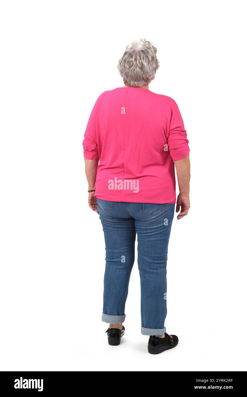 back view portrait of standing senior woman on white background Stock ...