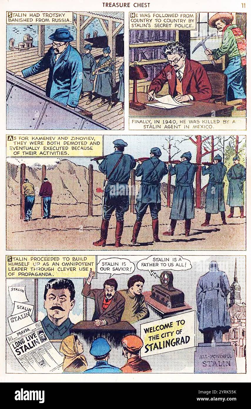 Cartoon depiction of Trotsky in exile and being assassinated. Kamenev and Zinoviev are executed ...