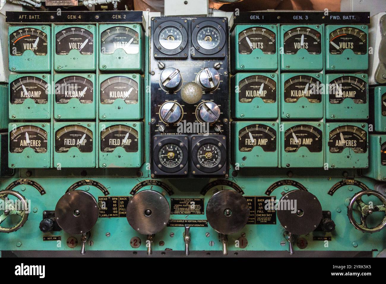 A green panel with many dials and numbers on it. The dials are numbered ...