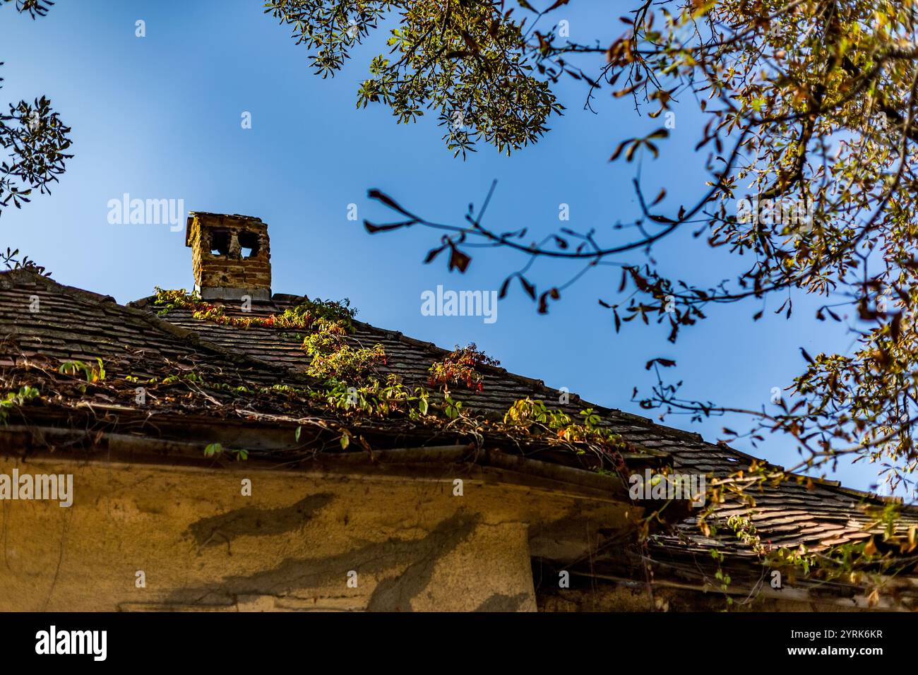 Earthen tiles covered roof with one chimney, rural Romania, Europe ...