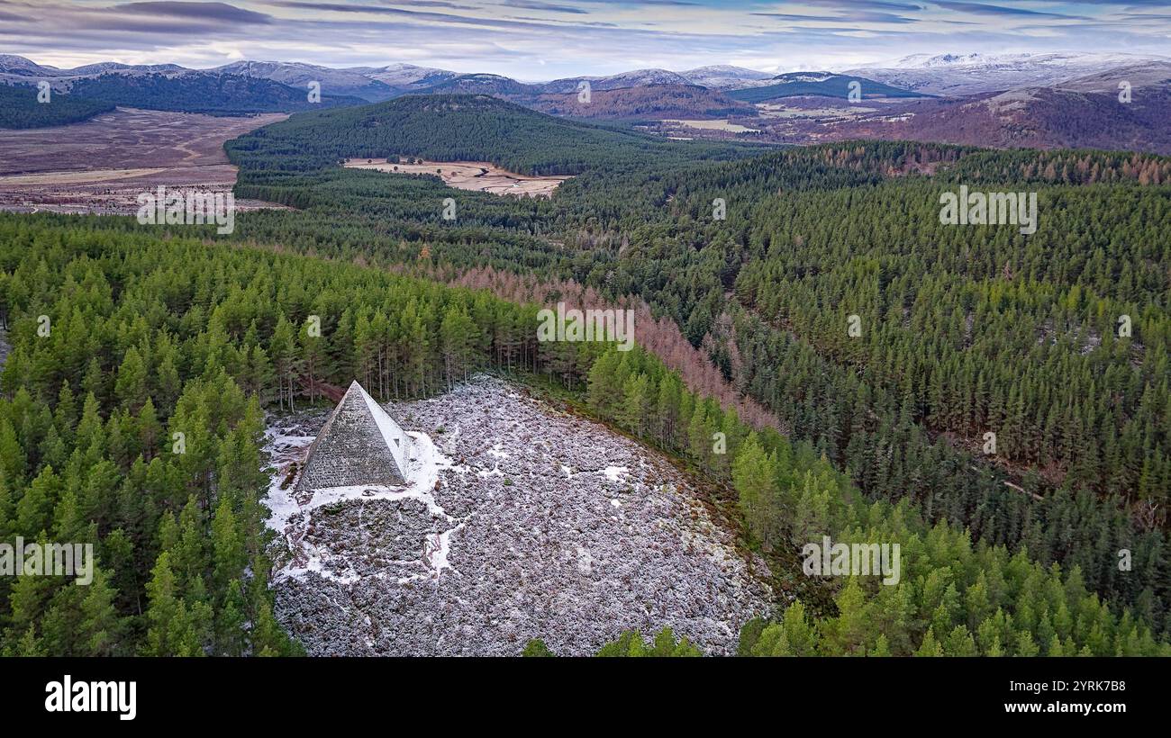 Prince Albert’s Pyramid or Cairn Balmoral Estate Deeside Scotland covered with frozen snow and ...