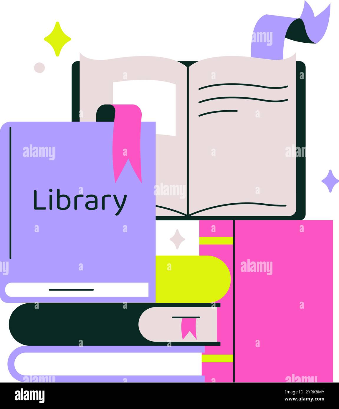 Library Books And Open Book In Flat Vector Illustration Symbolizing ...