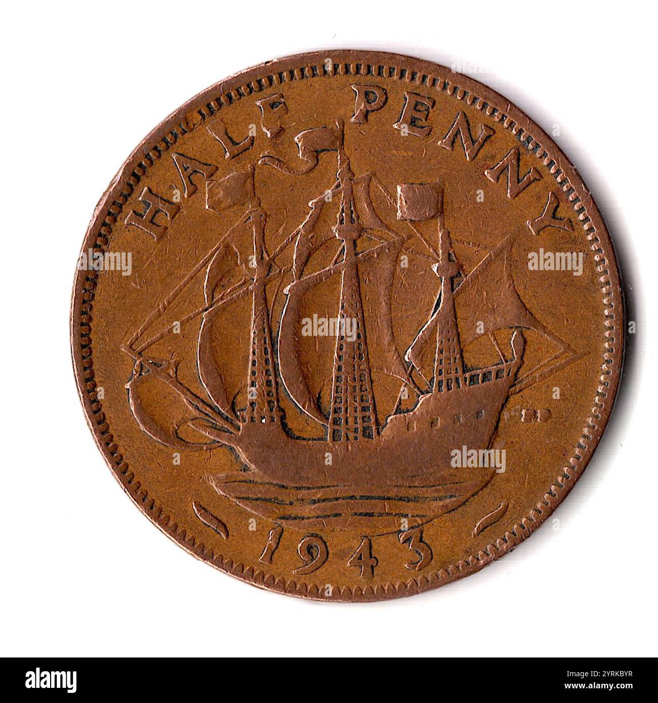 The back of a King George VI half penny from Great Britain on a white ...