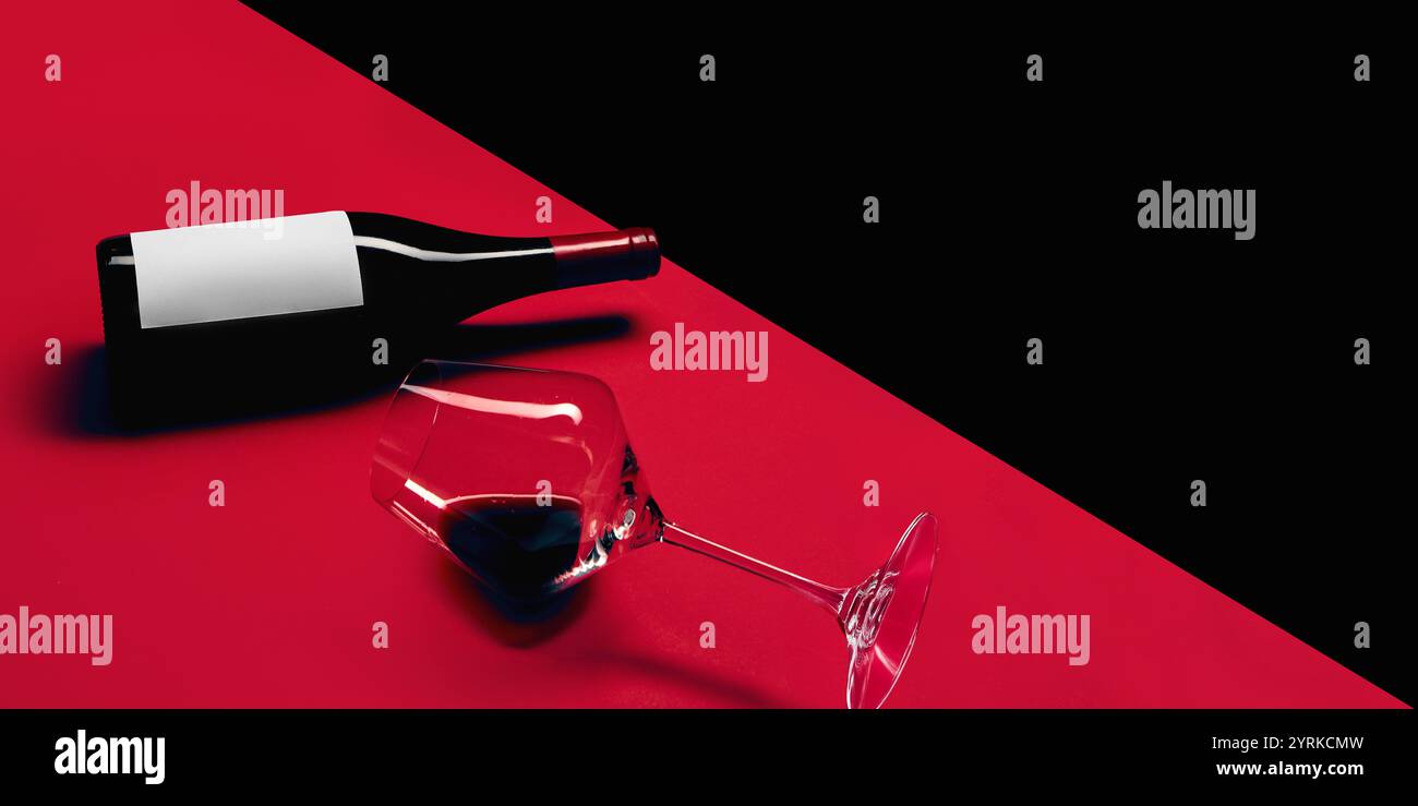 Mockup featuring a red wine bottle with blank label lying on diagonal ...