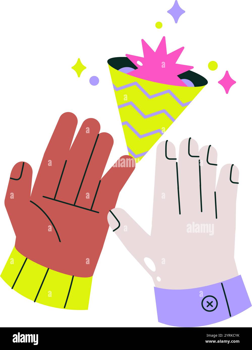 Party Popper Celebration With Diverse Hands In Flat Vector Illustration ...