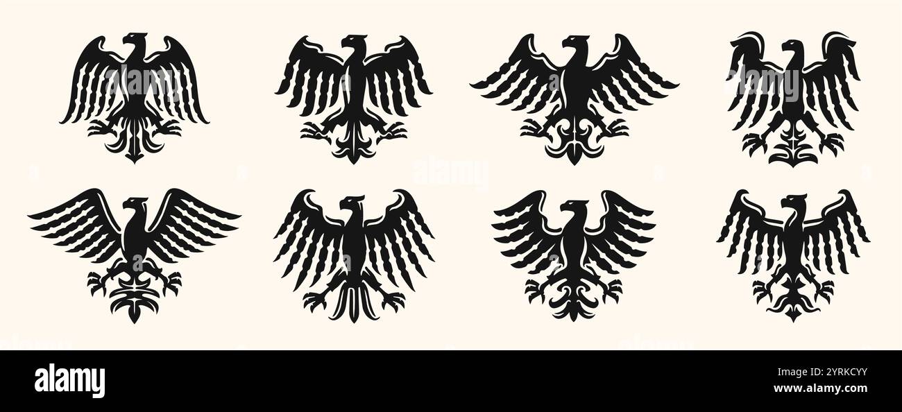 Heraldic eagle with spread wings, symbol set. Coat of arms bird hawk ...