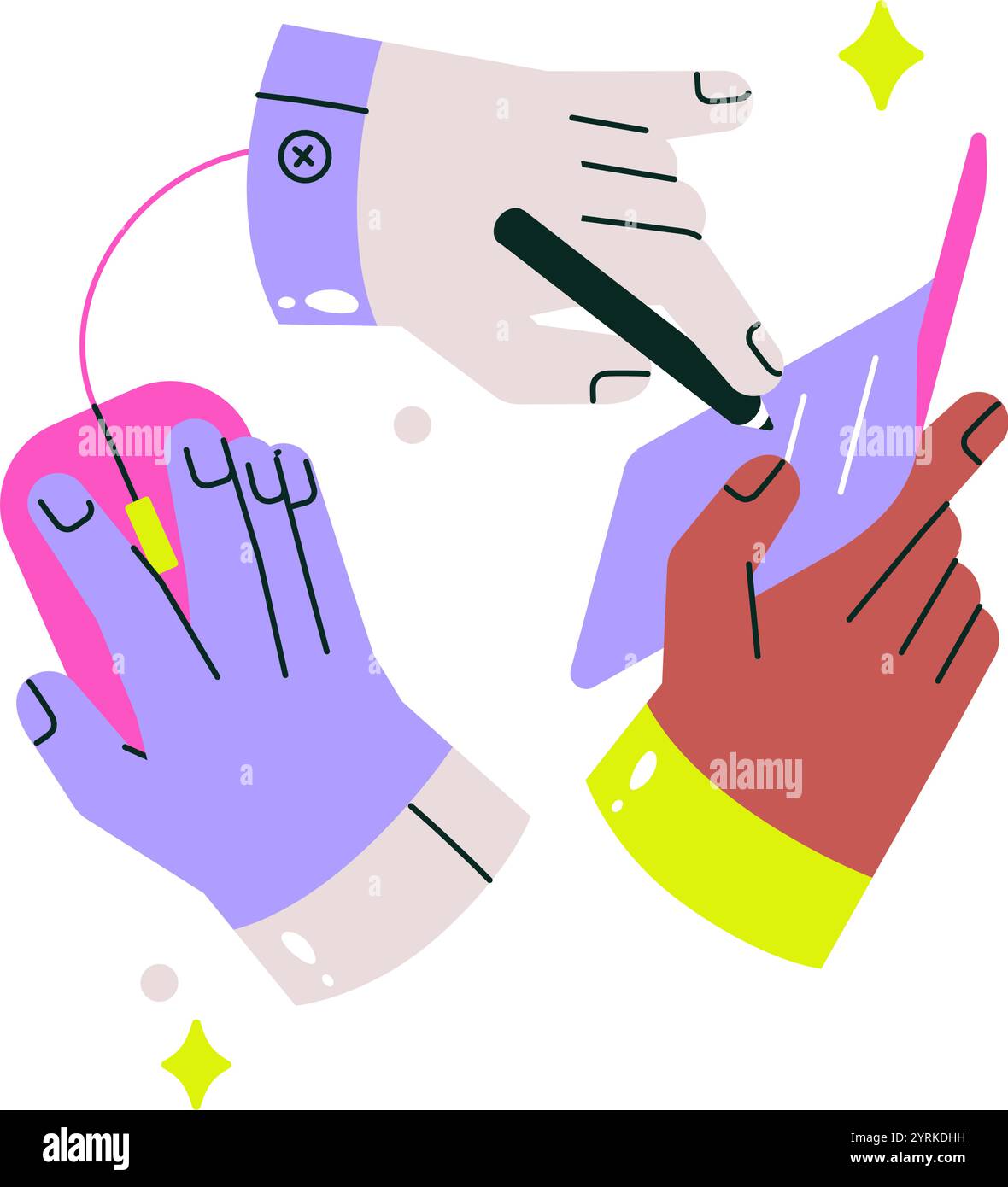 Hands Using Mouse And Stylus In Flat Vector Illustration Symbolizing ...
