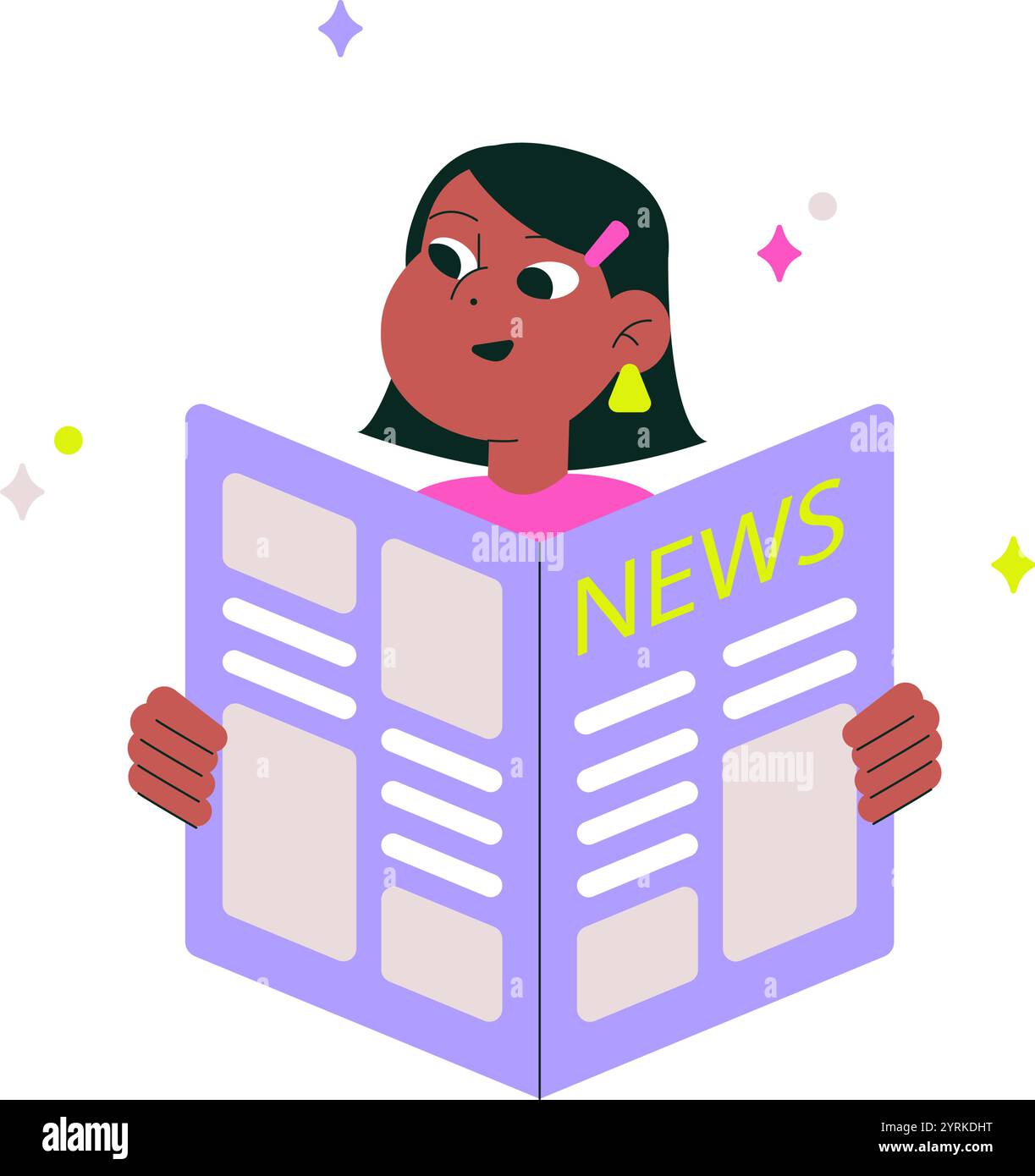 Woman Reading A Newspaper In Flat Vector Illustration Symbolizing News ...