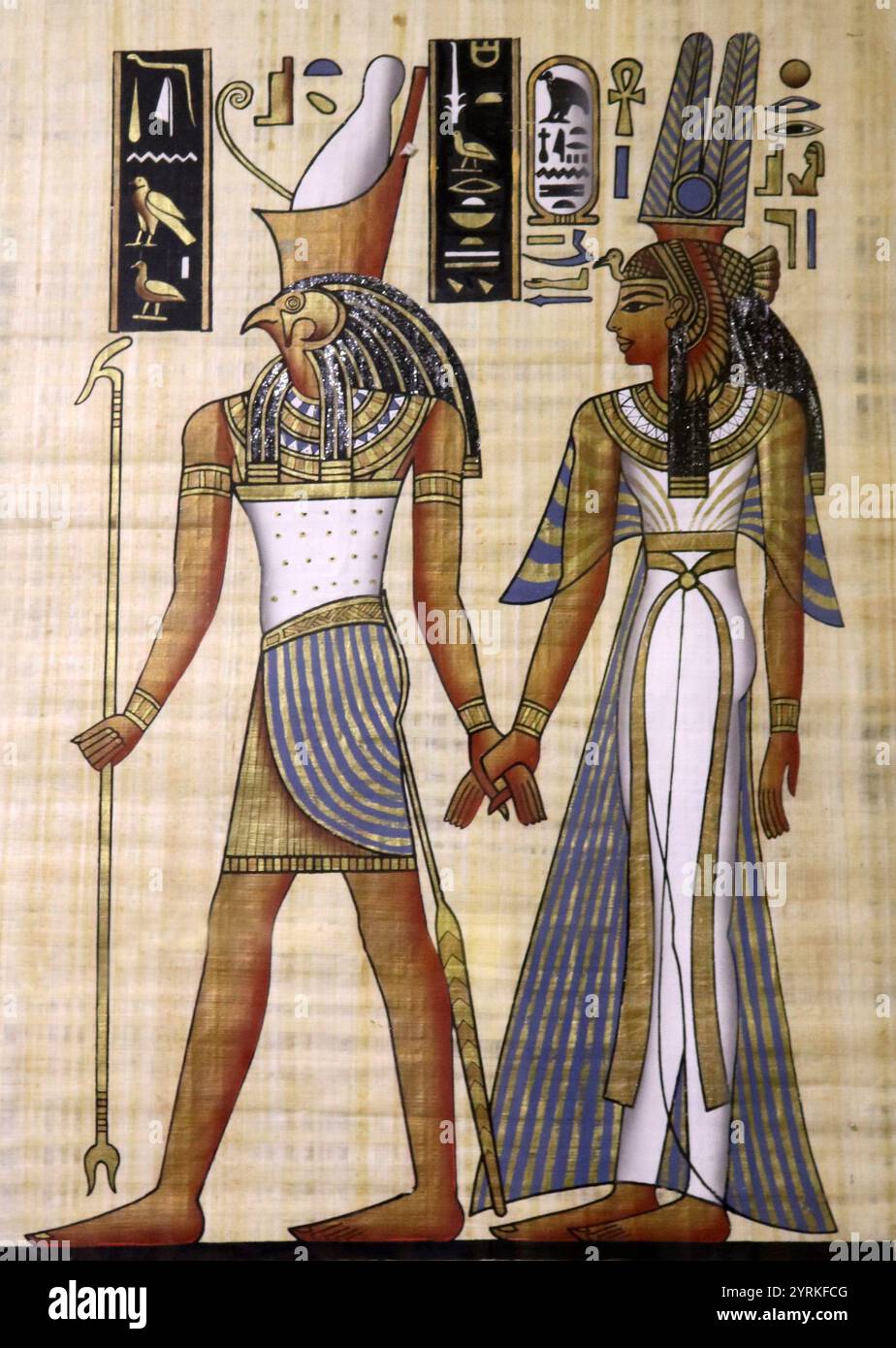 Modern Egyptian papyrus depicting queen Queen Nefertiti and the God ...