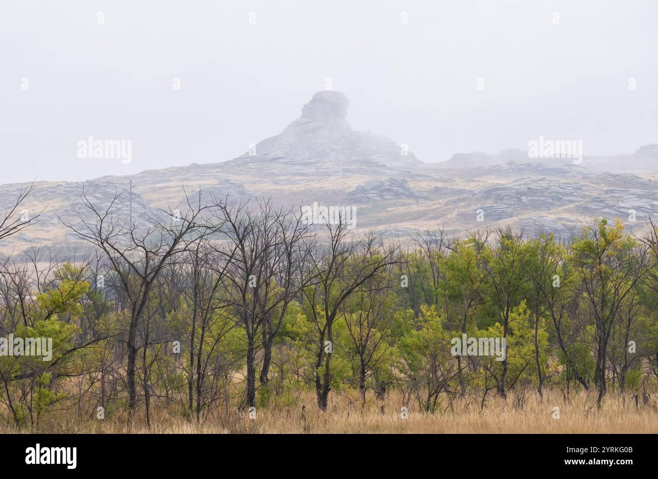 layered rocks of bizarre shapes in the autumn fog - this is the Kazakh ...