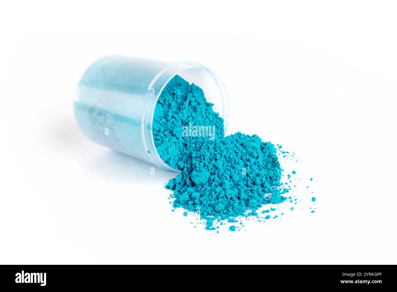 Bright Blue Powder Spills From a Transparent Container on a White ...