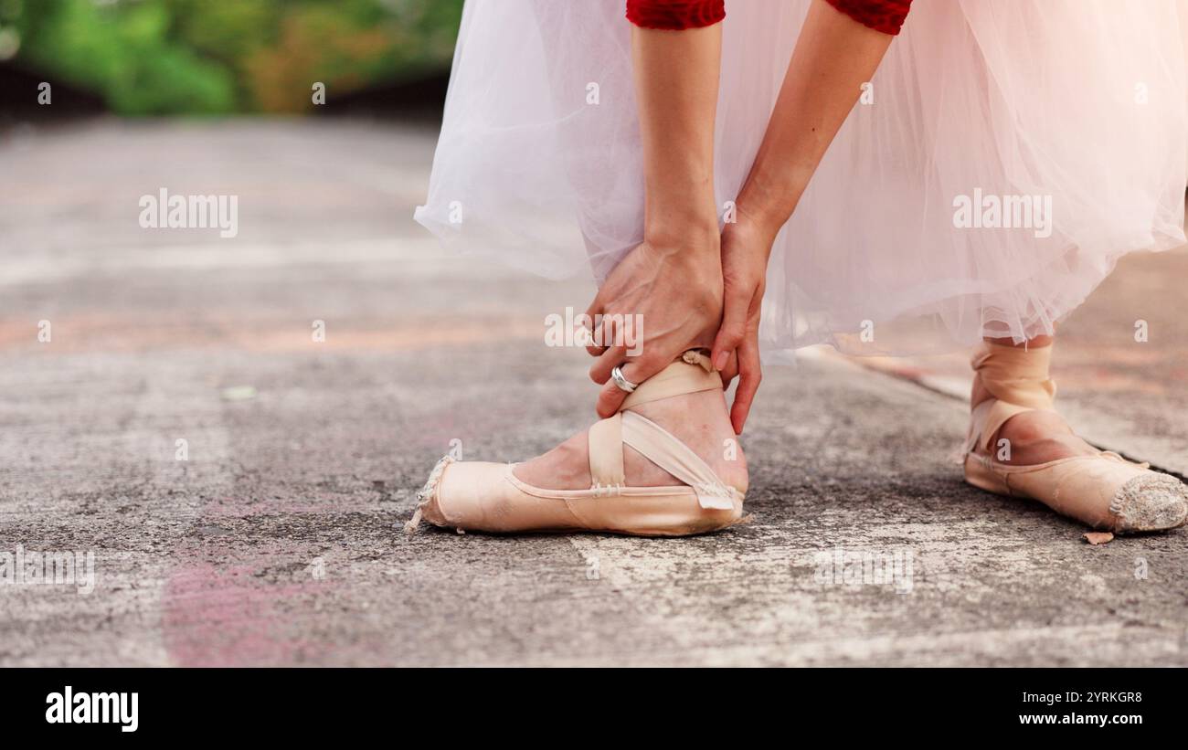 Ballet, ankle pain and Injury with feet of woman in street of Japan for ...