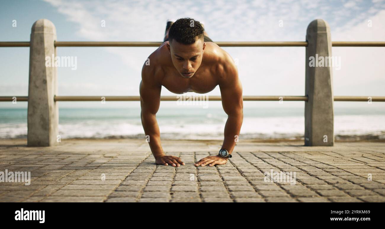 Fitness, man or push up at beach for exercise, balance or upper body ...