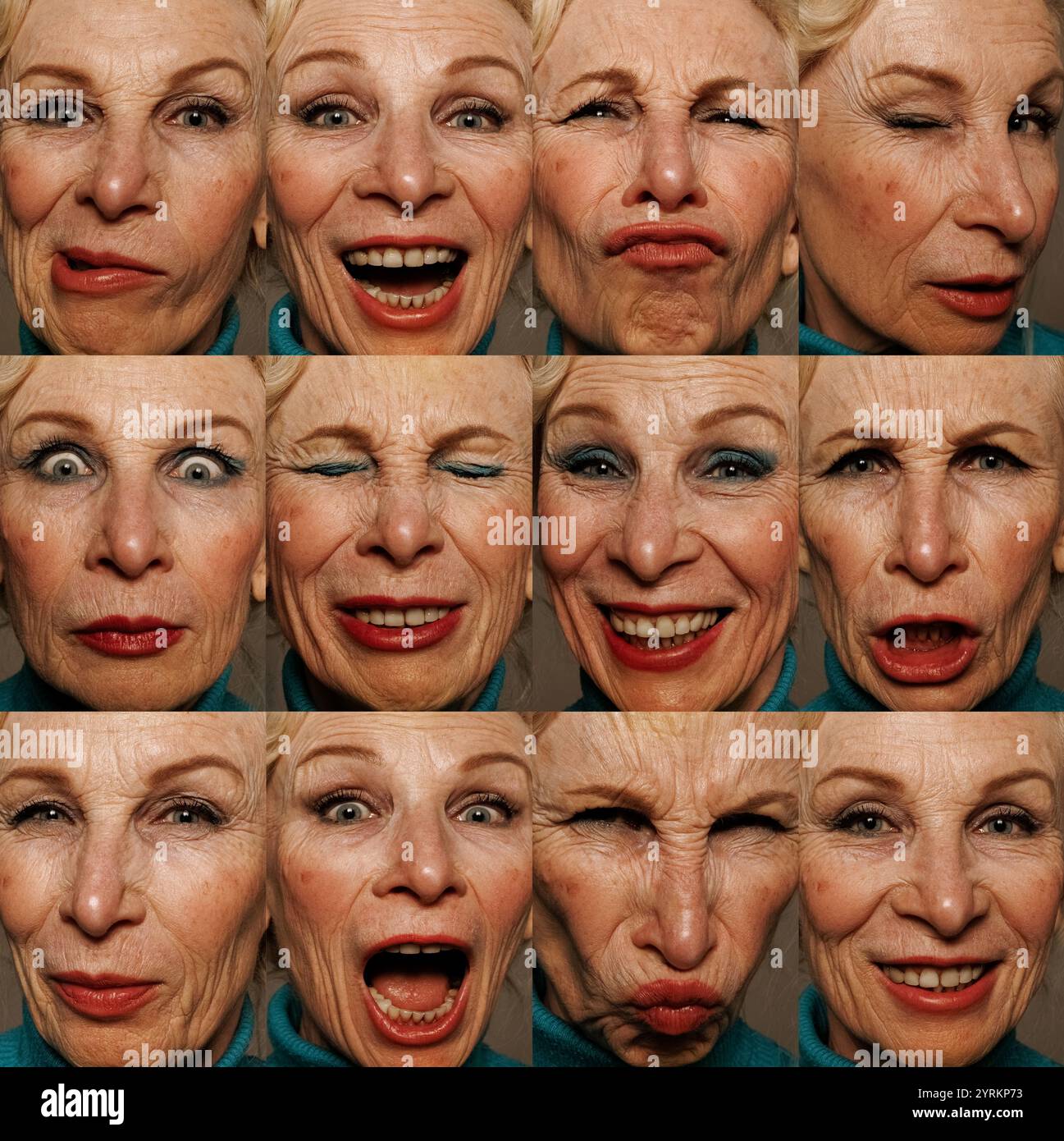 Collection of close-ups of elderly woman showcasing array of dramatic facial expressions. From ...