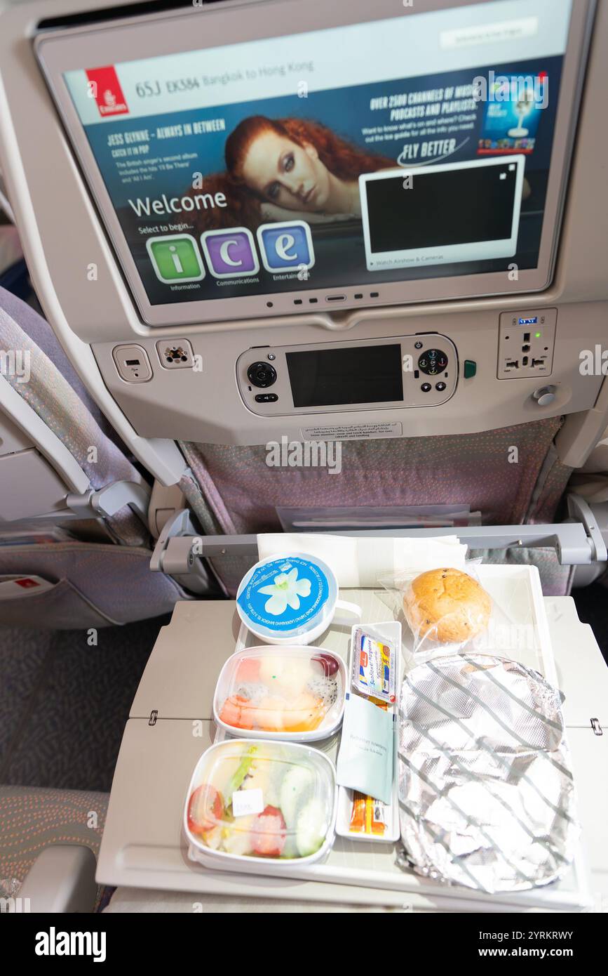 BANGKOK, THAILAND - JANUARY 09, 2019: seatback entertainment screen in ...