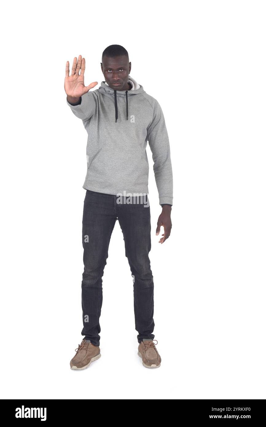man showing the stop sign with their hands on white background Stock ...