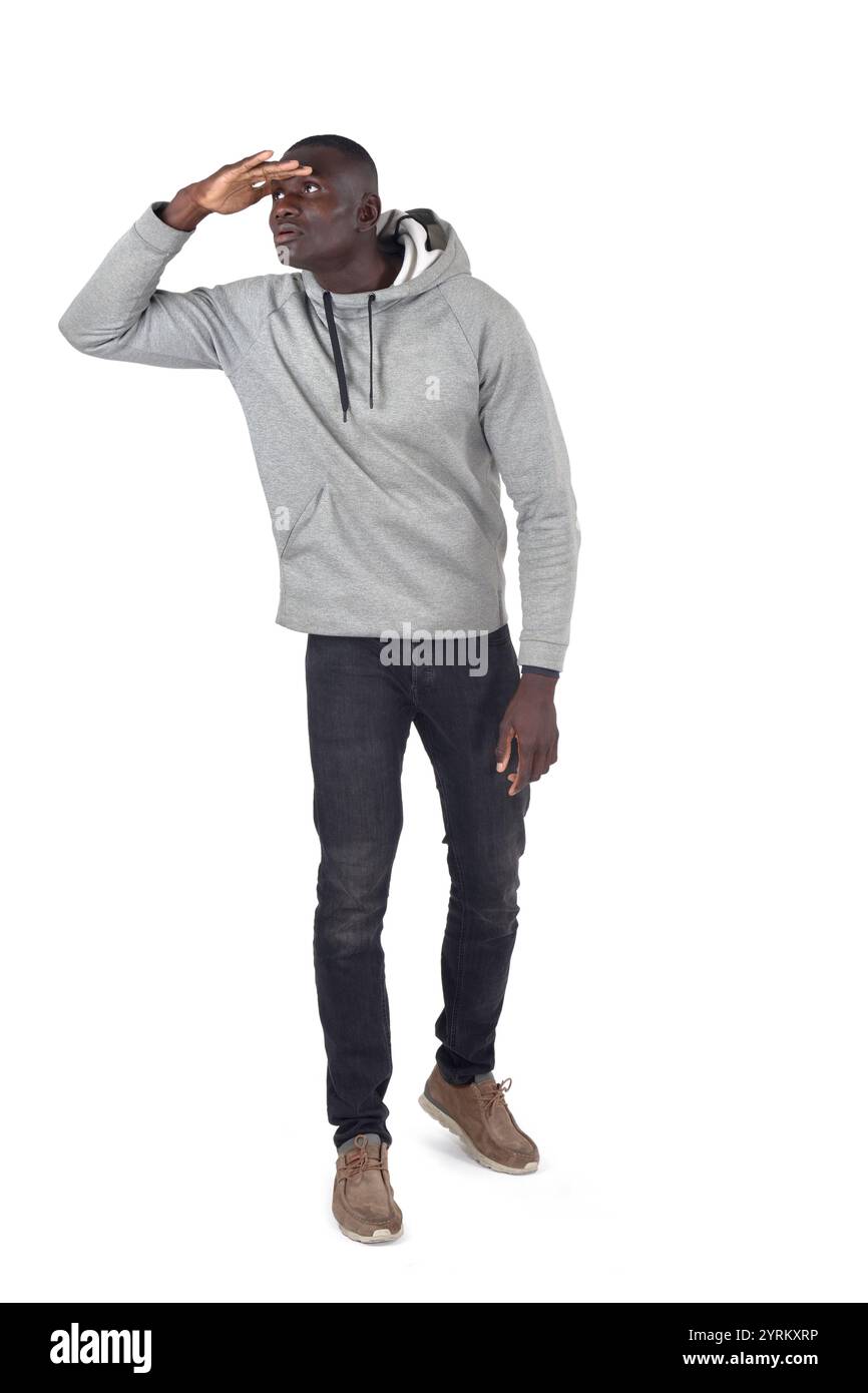front view of a a man hand on forehead look side on white background ...