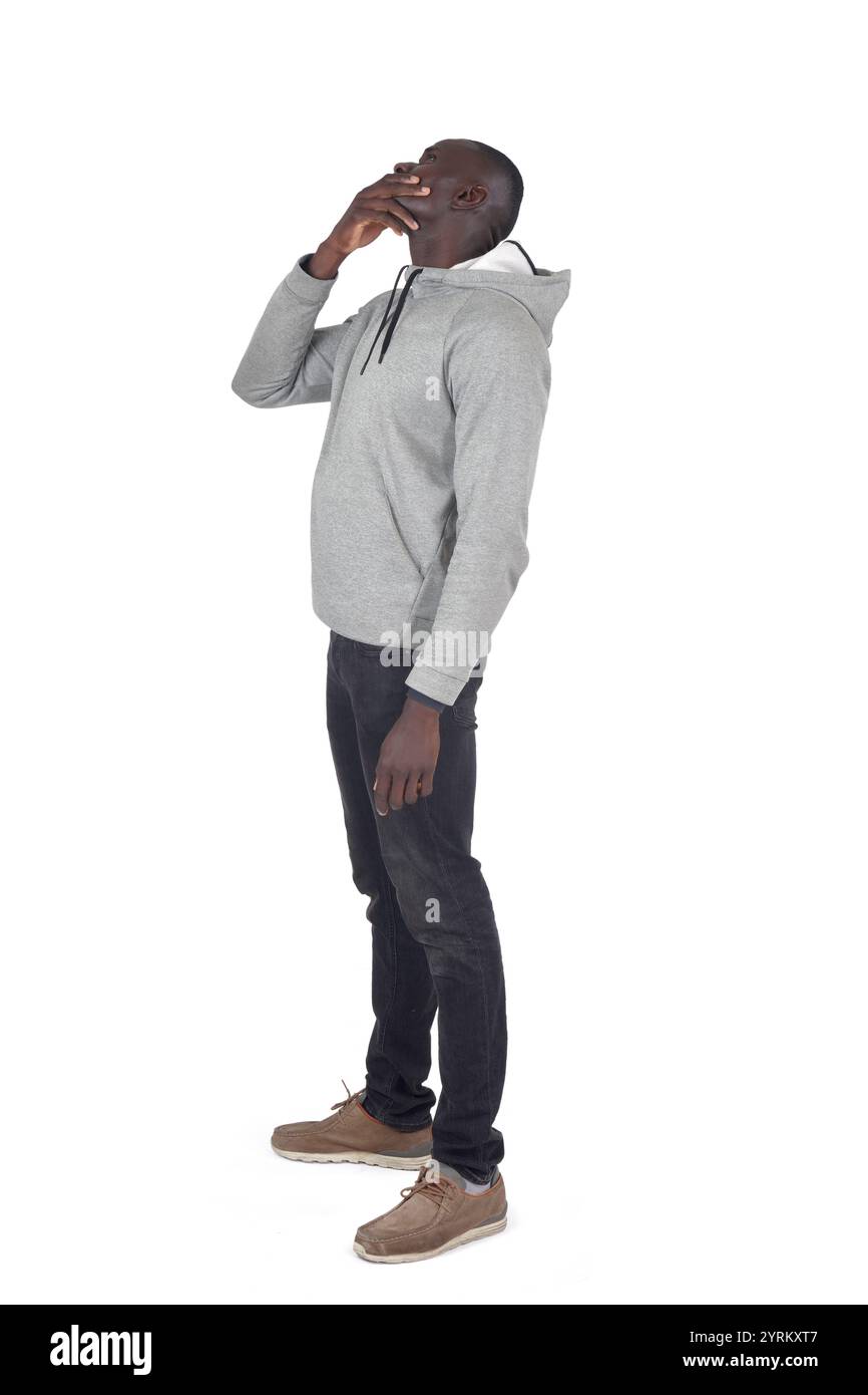 side view of a man thinking and looking up on white background Stock ...