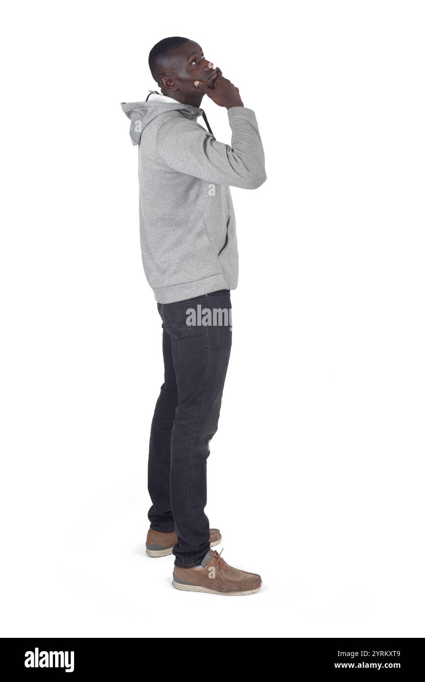 side view of a man thinking and looking up on white background Stock ...