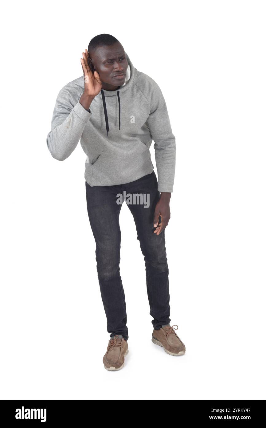 front view man with hand on ear who is listening on white background ...