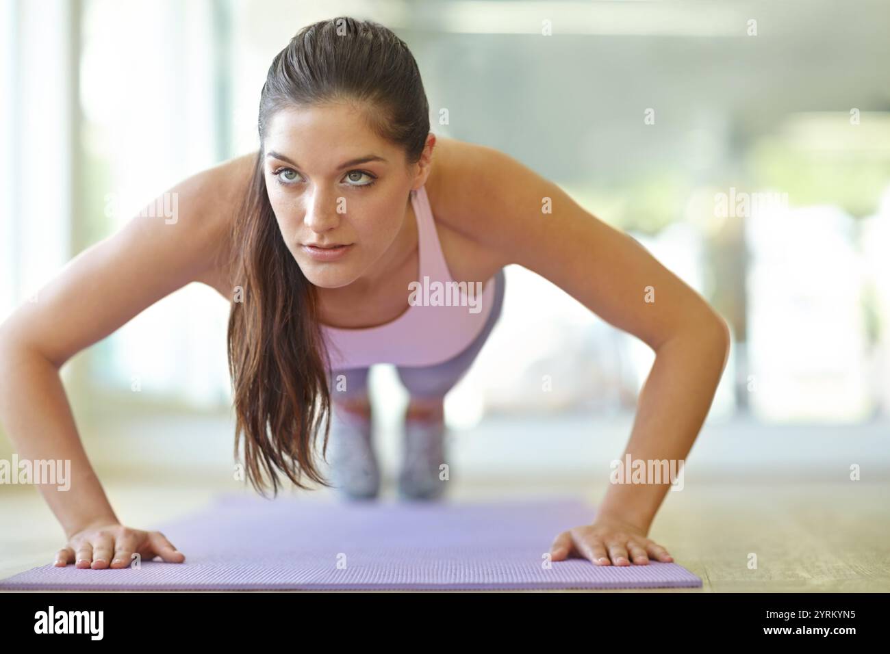 Gym, woman and endurance with push ups for fitness, bicep exercise and ...
