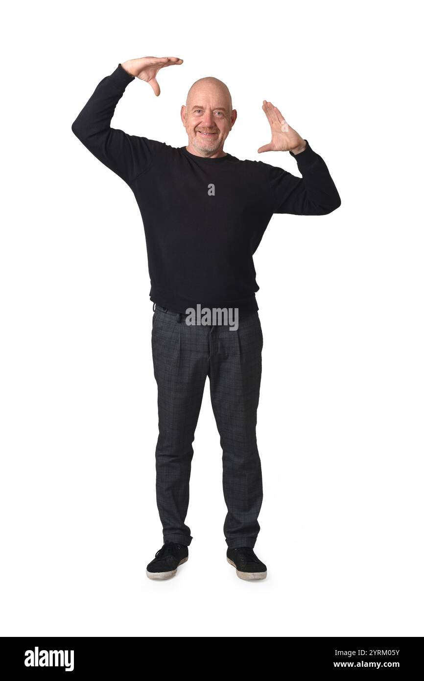 front view of a full length portrait of a man in headache pain isolated ...