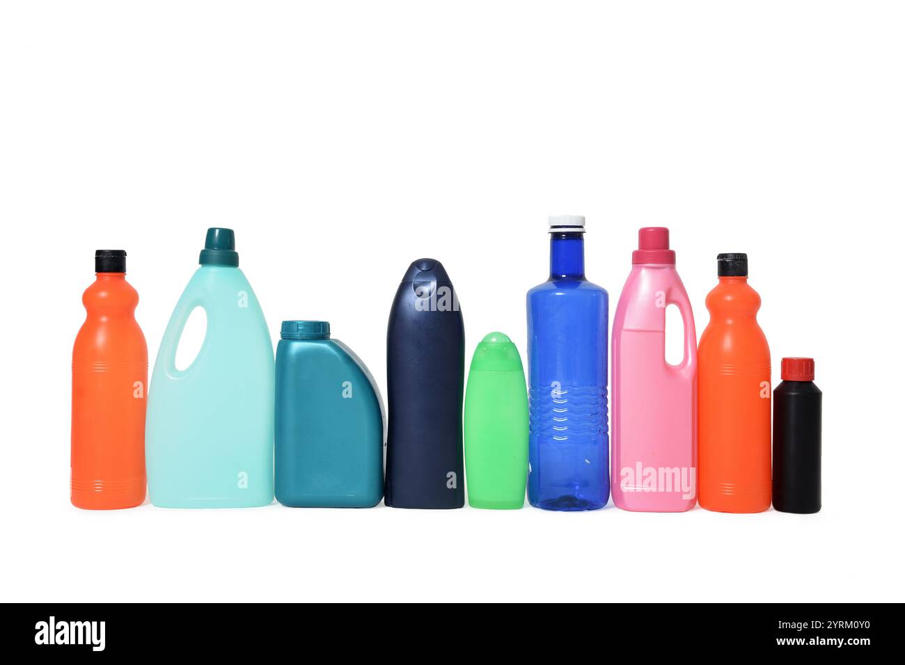 line of a group of plastic bottles for recycling on white background ...