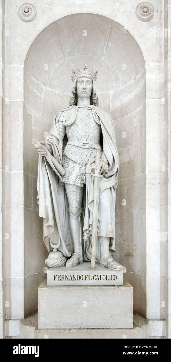 Stone statue of Fernando el Catolico of the Catholic Kings of Spain in ...