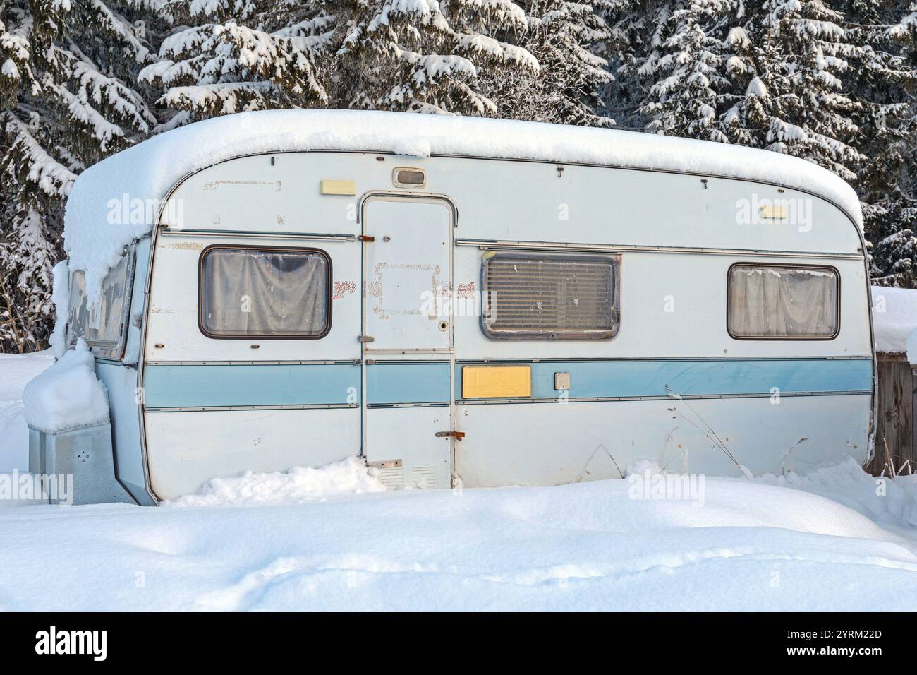 Old Caravan Camper Trailer Under Snow Winter Camping at Mountain Stock ...