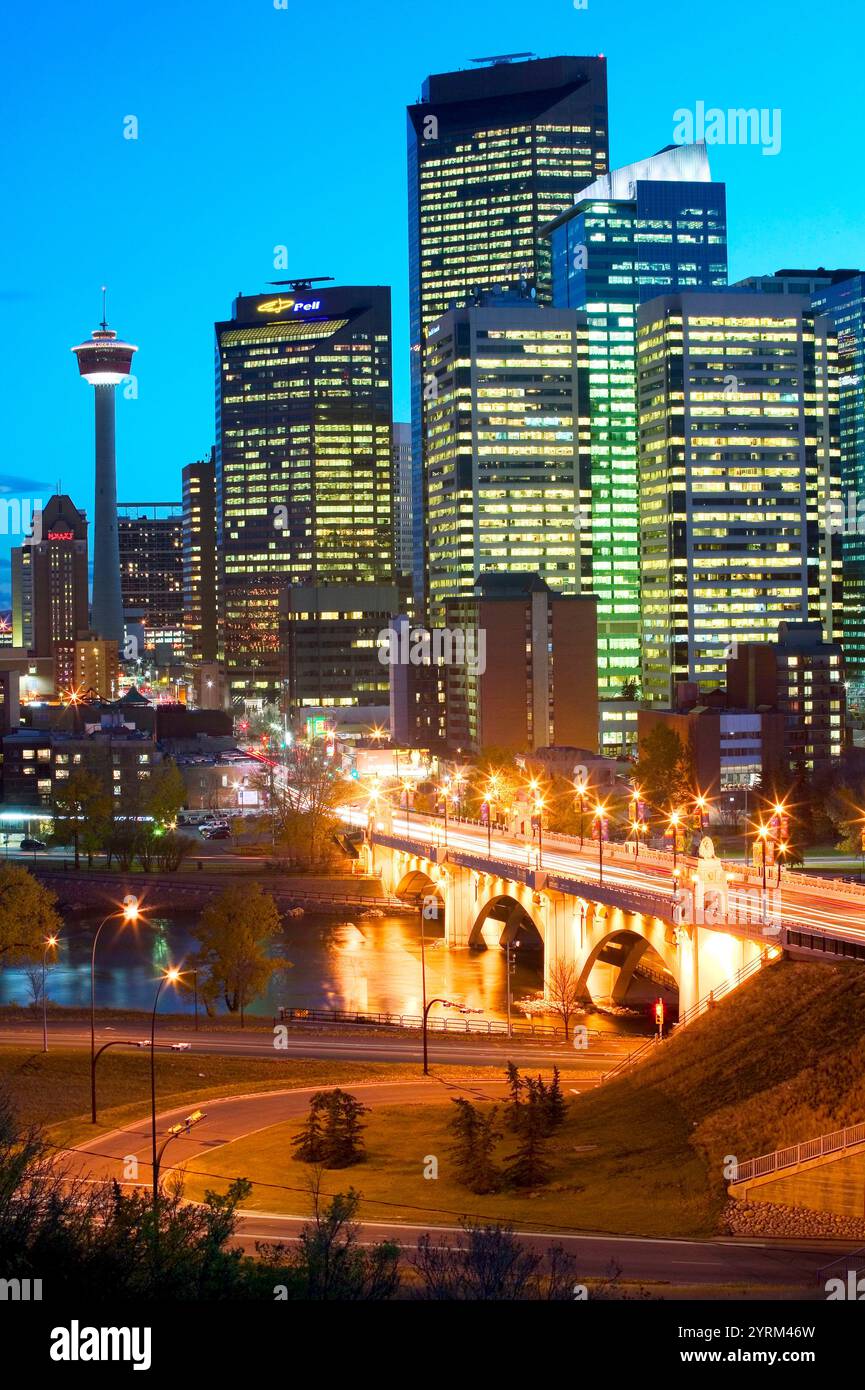 City and Centre Street bridge, downtown Calgary at evening. Alberta ...