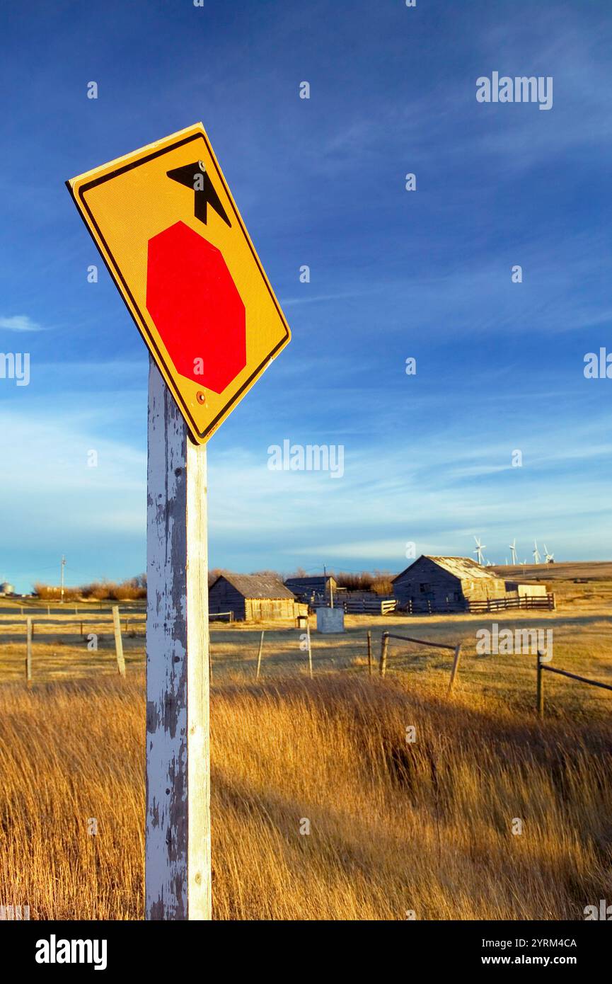 Old ranch and stop sign. Cowley, Crowsnest Pass area. Alberta, Canada ...