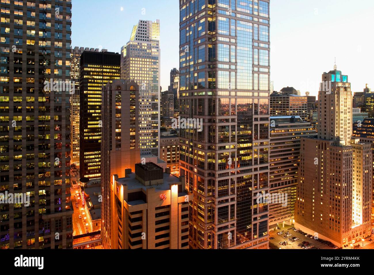 The Loop, buildings along West Wacker Drive from Marina City in evening ...