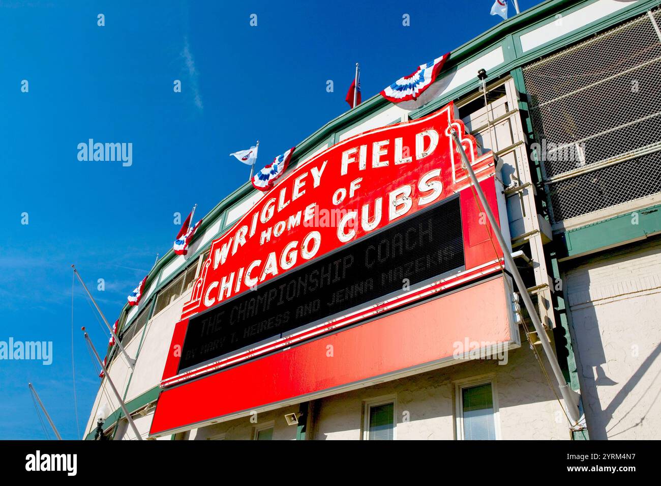 Wrigley Field, home of the Chicago Cubs baseball team, stadium sign ...