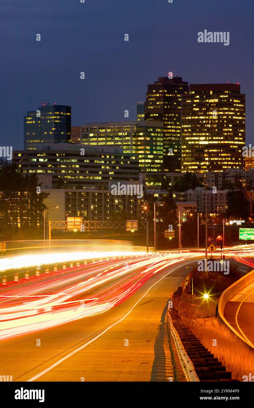 Evening view of city with rush hour traffic from Rt. 405. Bellevue ...