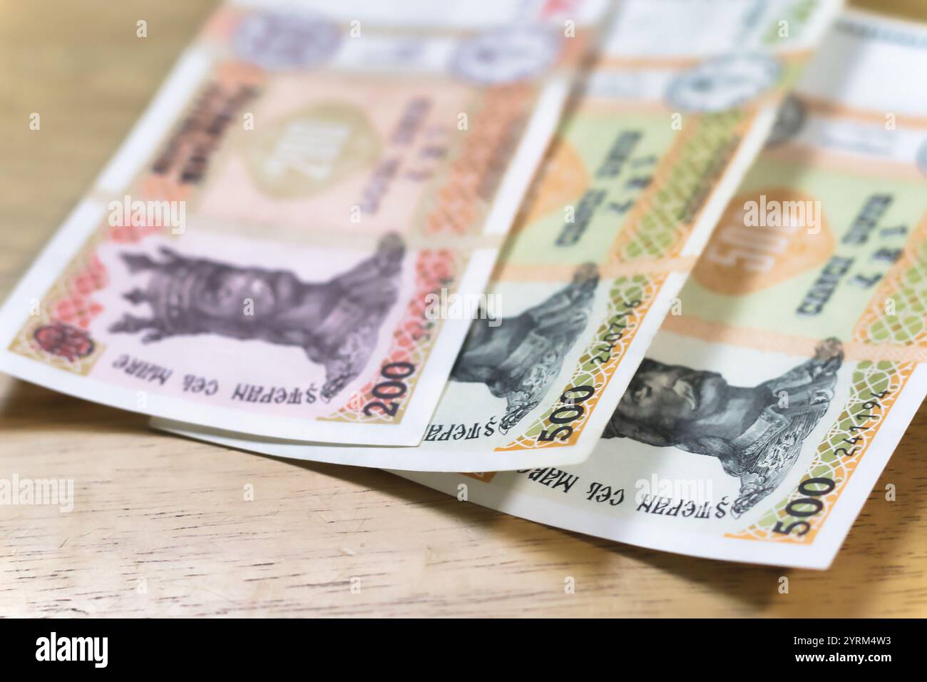 Close-up of several Moldovian Leu banknotes, specifically 200 and 500 ...