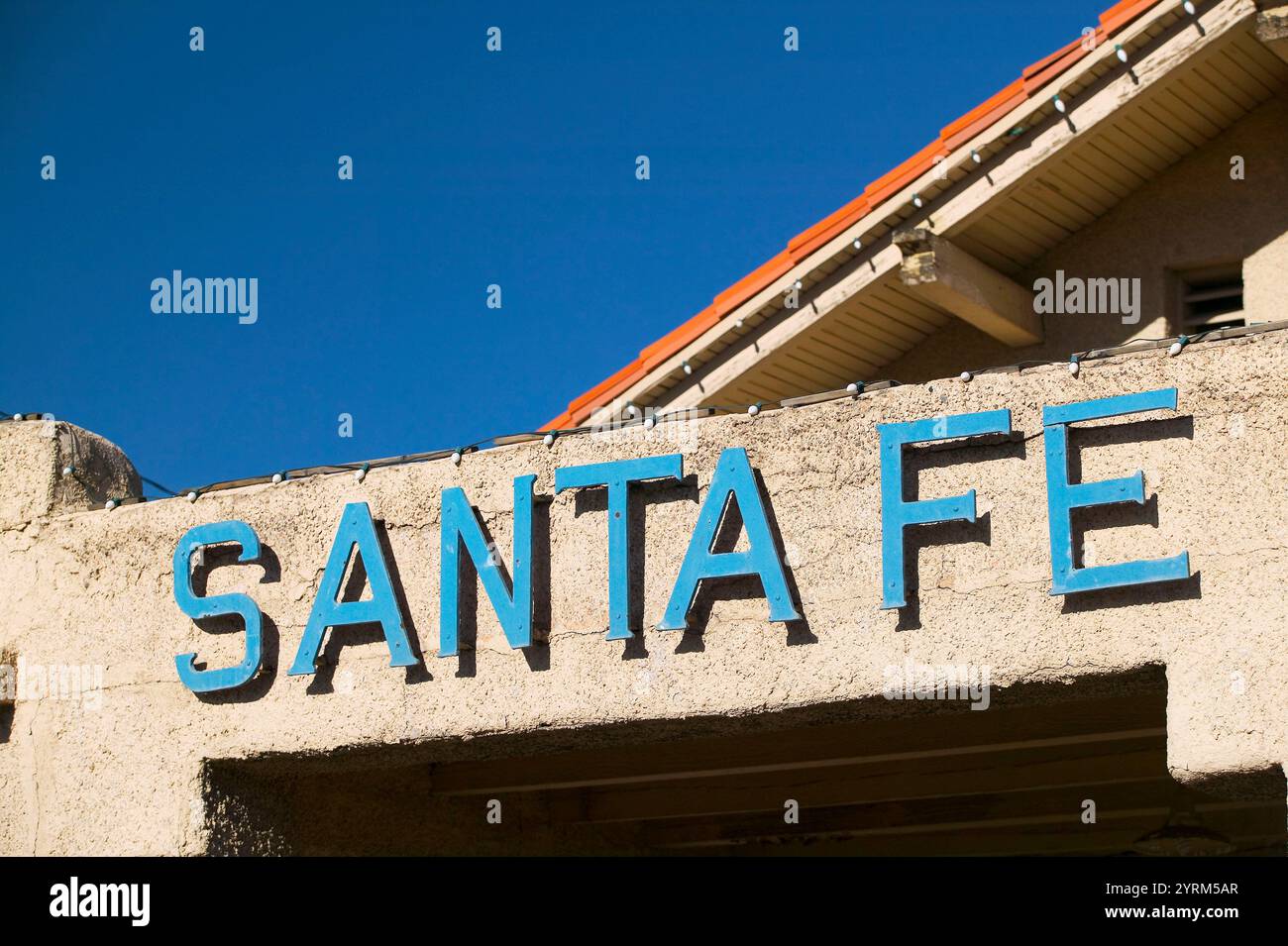Sign at Santa Fe train station in downtown Santa Fe. New Mexico, USA ...