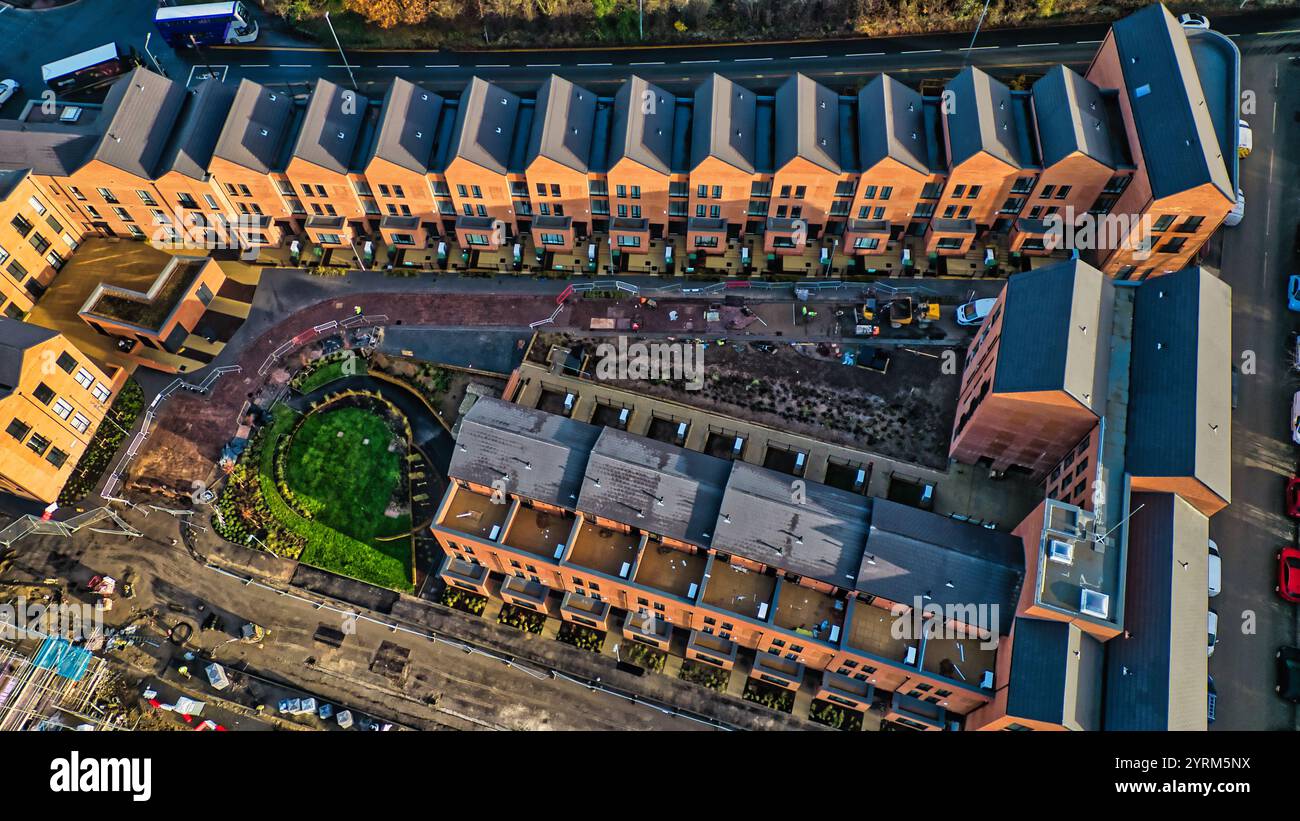 Aerial view of a new housing development under construction. Multiple ...