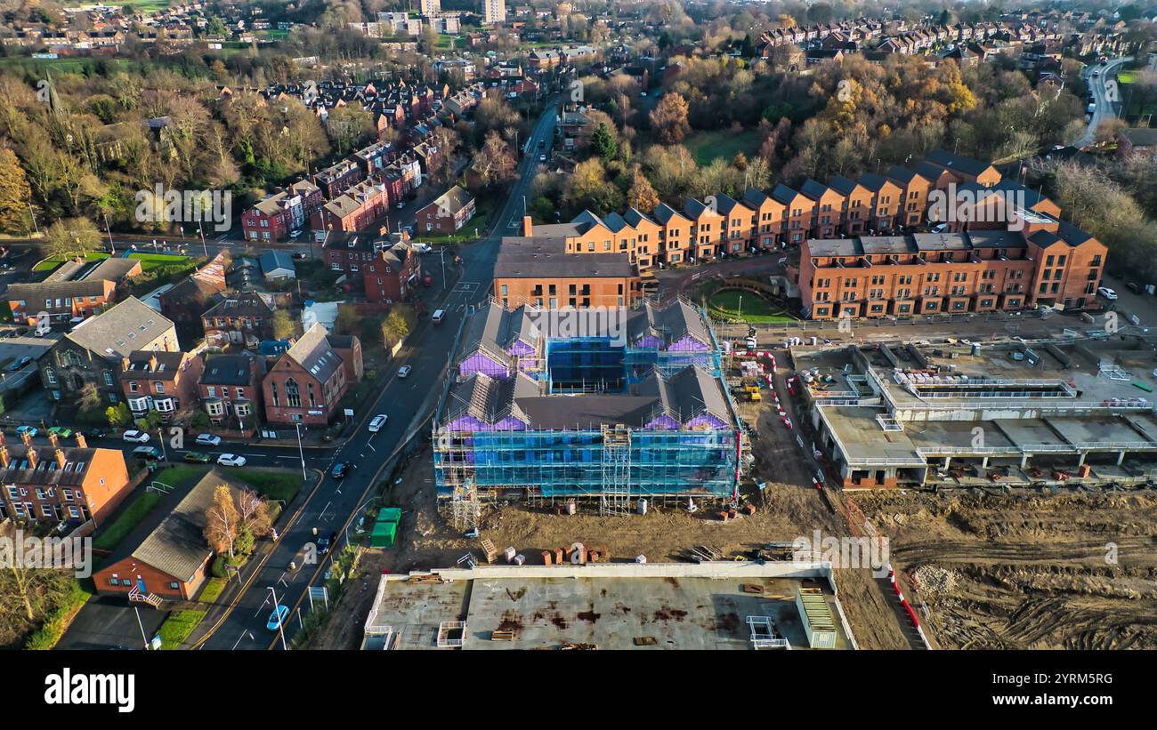 Aerial view of a residential construction site in a suburban area. New ...