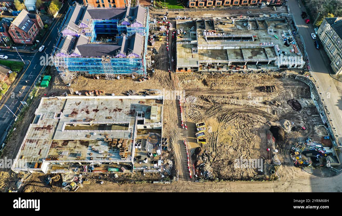 Aerial view of a large construction site showing multiple buildings ...