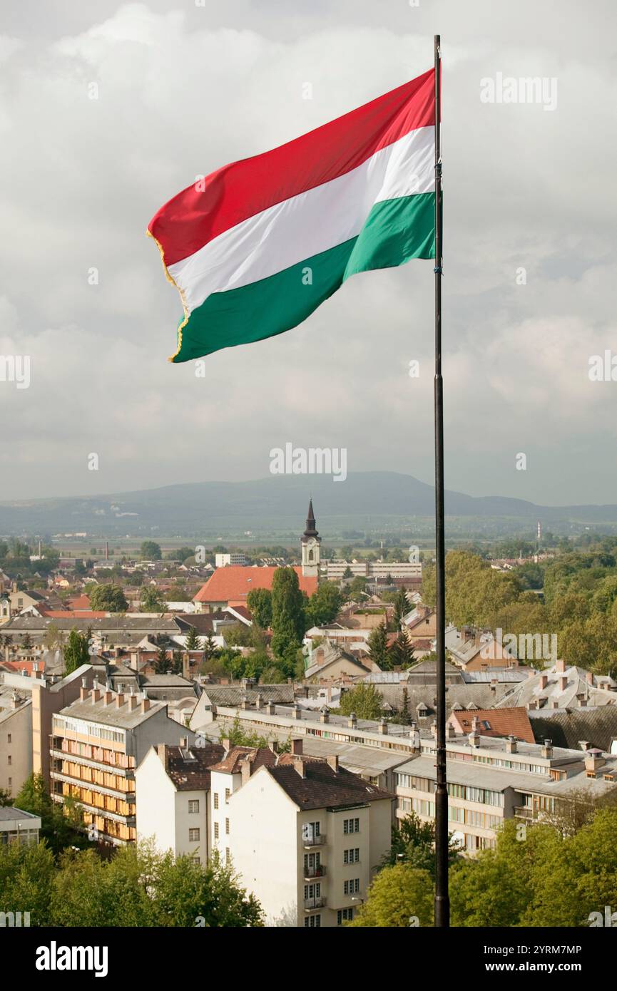 Town view and Hungarian flag. Estergom. Danube bend. Hungary. 2004 ...