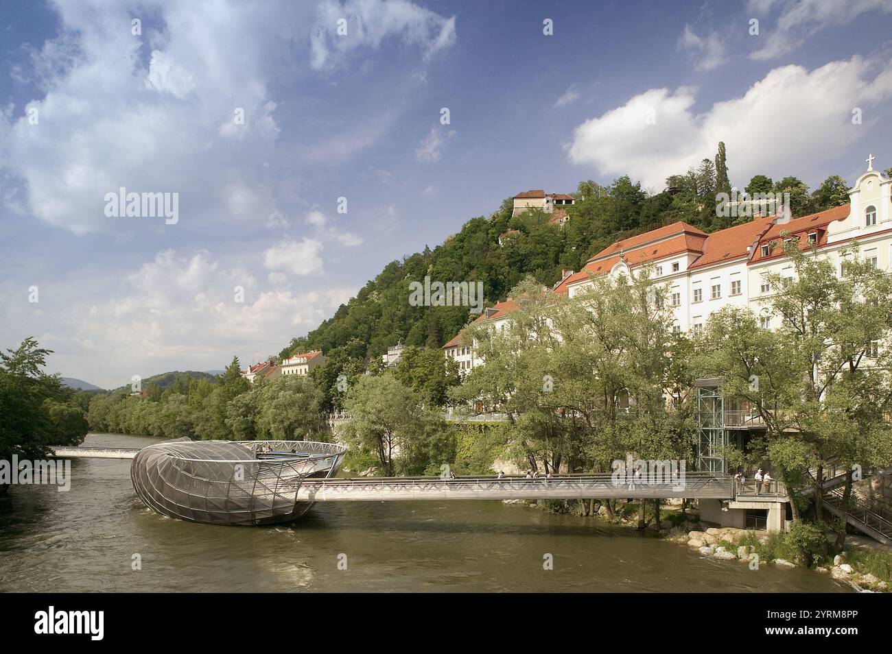 Island in the Mur, Mur Insel, Bridge built 2003. Mur River ...
