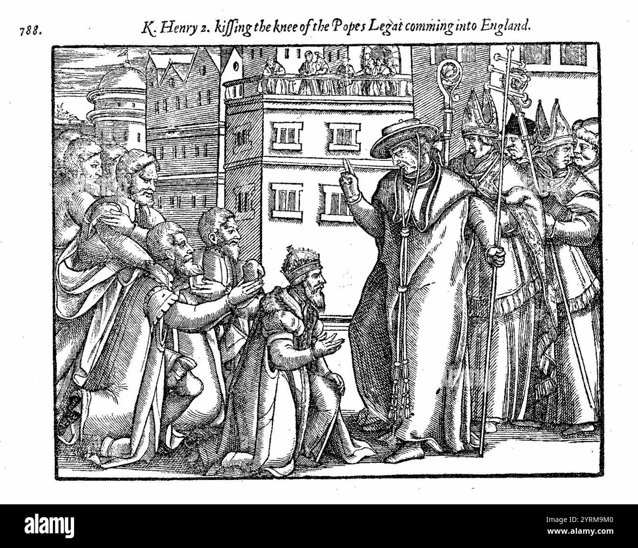 King Henry III of England kneels to kiss the knee of a cardinal, who ...
