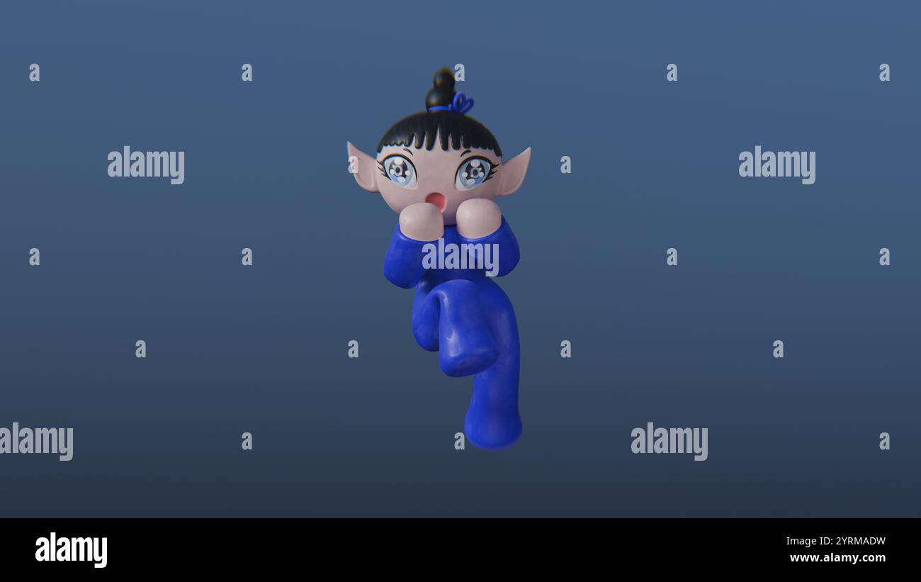 Cute anime chibi girl in a blue suit in a flying pose. Little kawaii ...