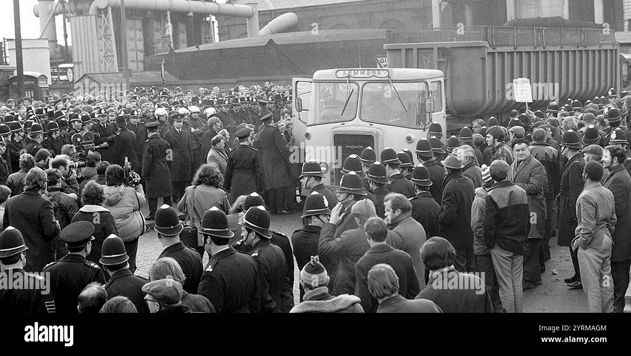 Miners on strike at Saltley Gate as they operate a picket line ...
