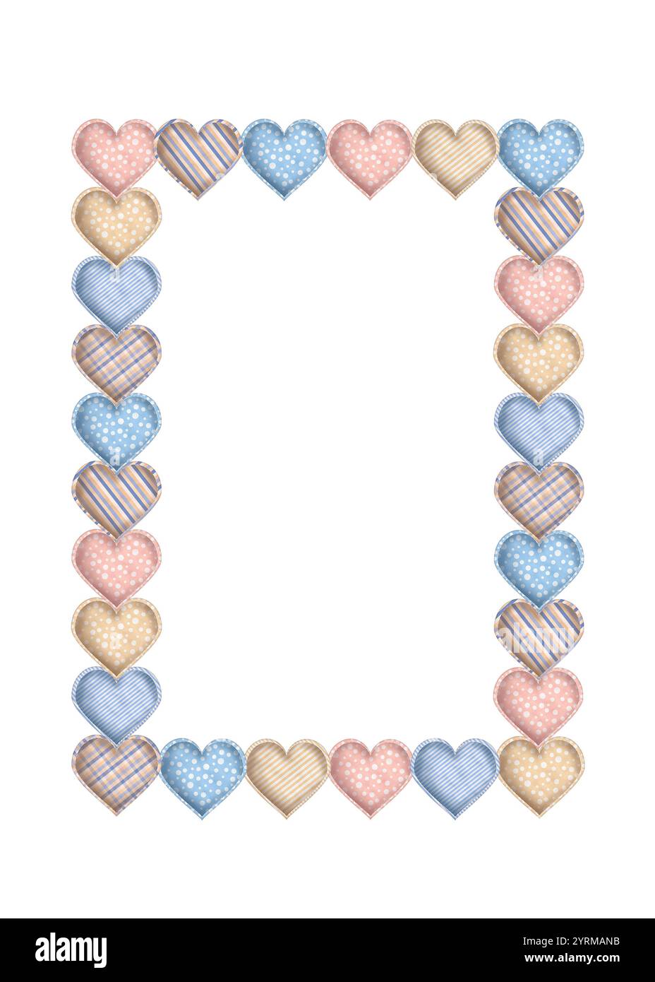 White background with rectangular frame of blue, pink, beige fabric ...