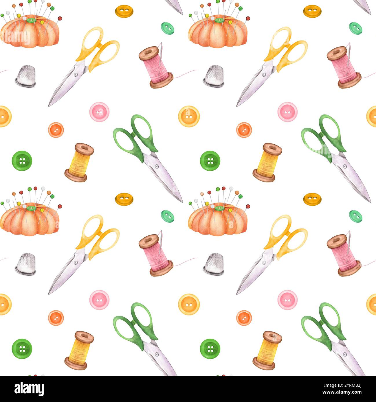 Seamless pattern with sewing scissors, thimble, buttons, thread ...