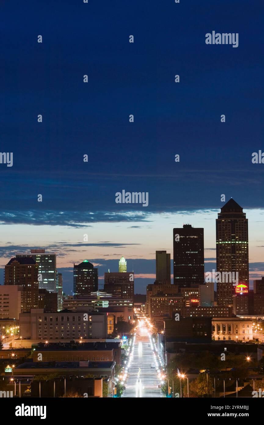 Downtown view down Locust Street from State Capitol. Evening. Des ...