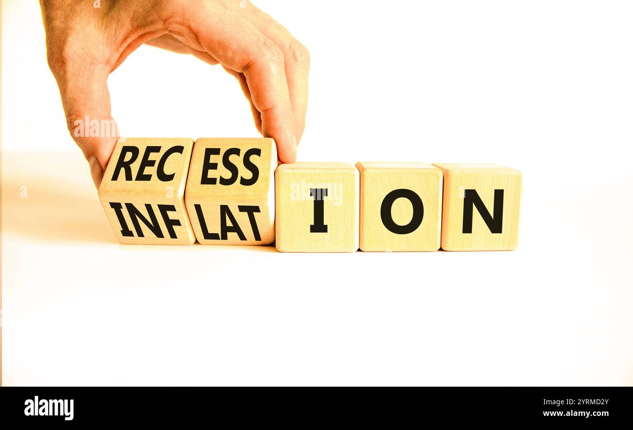 Inflation recession symbol. Businessman turns wooden cubes and changes ...