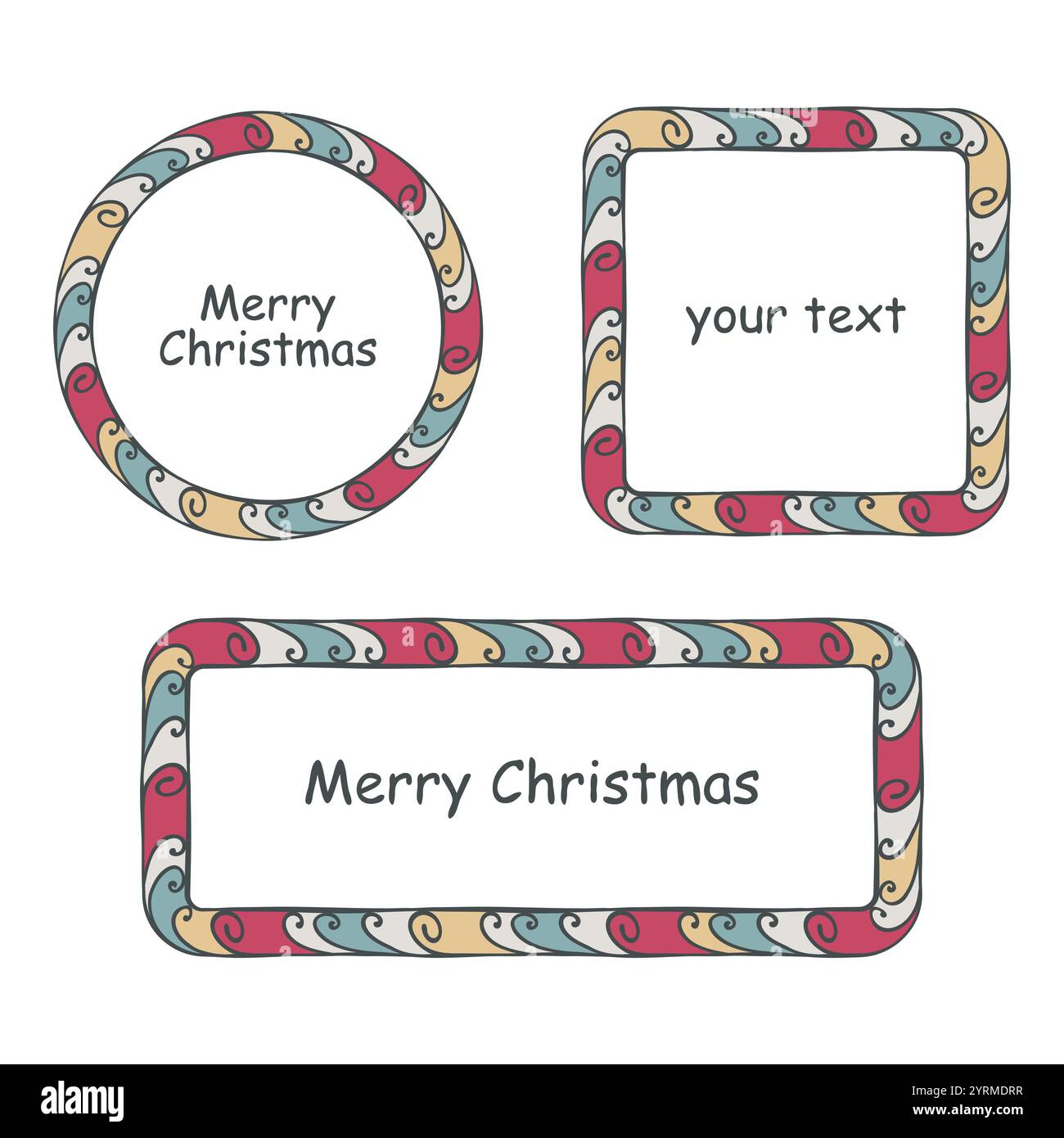 Merry Christmas Frame, doodle border Set. Hand drawn paint brush swirl ...