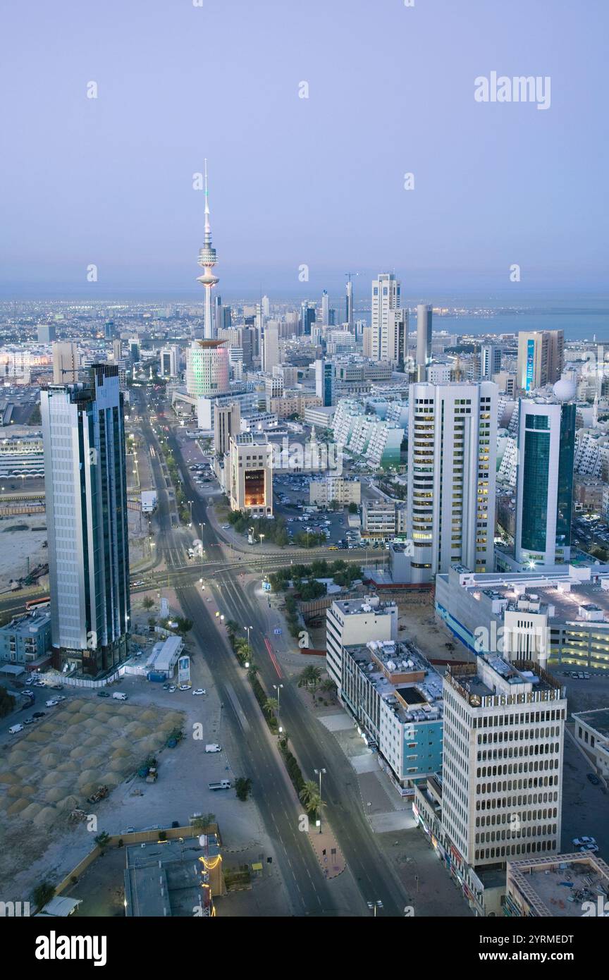 KUWAIT-Kuwait City: Aerial over Hilalli Street towards Liberation Tower ...